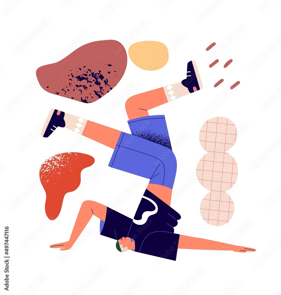 Active young person among abstract liquid geometry shapes. Modern ...