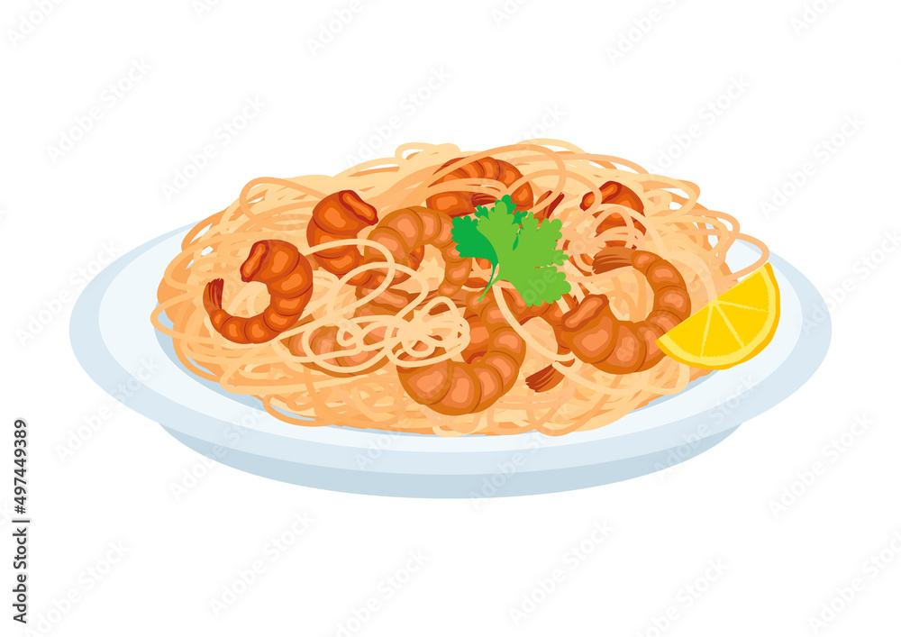 Shrimp Scampi with pasta icon vector. Spaghetti and seafood icon vector ...