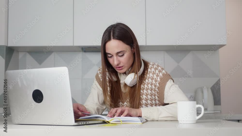 girl college student using laptop computer watching distance online ...
