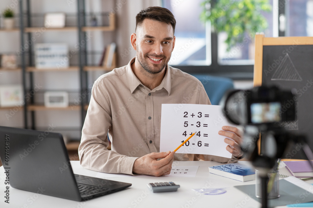 distance education, school and remote job concept - happy smiling male ...