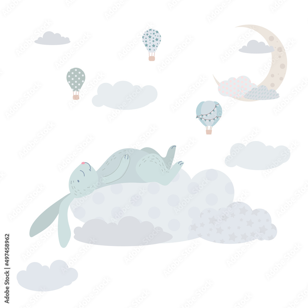 Cute Rabbit is sleeping on a cloud. A gray bunny is hiding among the ...