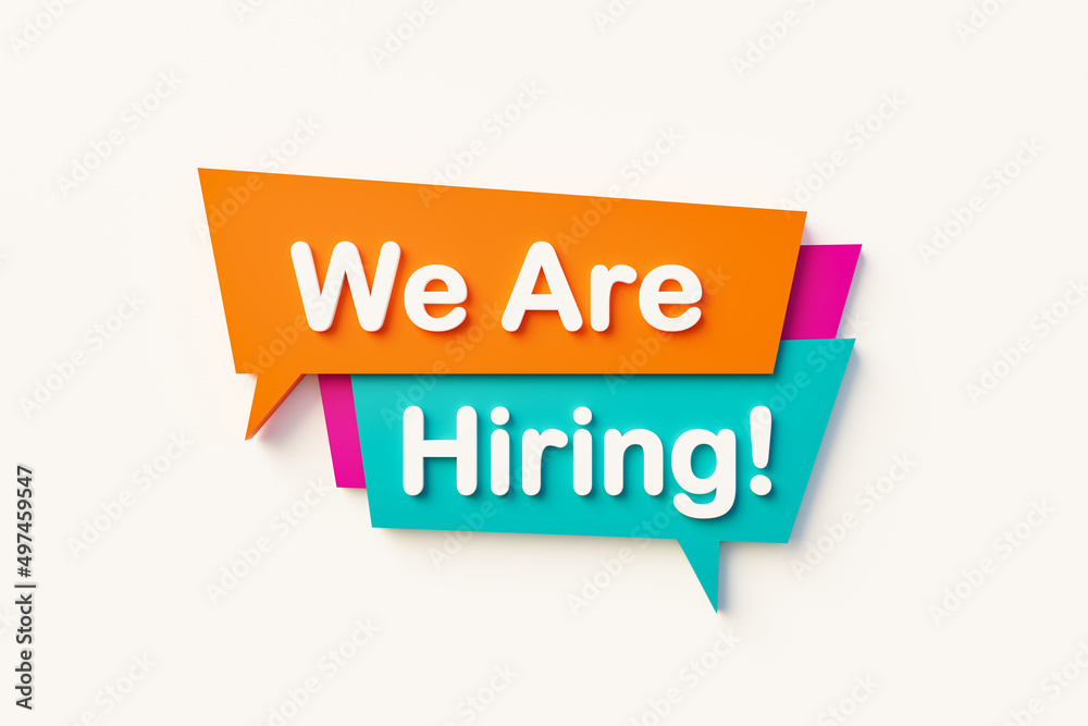 We are hiring. Speech bubble in orange, blue, purple and white text ...