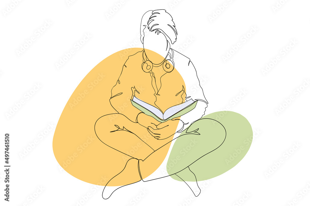 Young man reading book continuous line drawing concept. Guy with ...