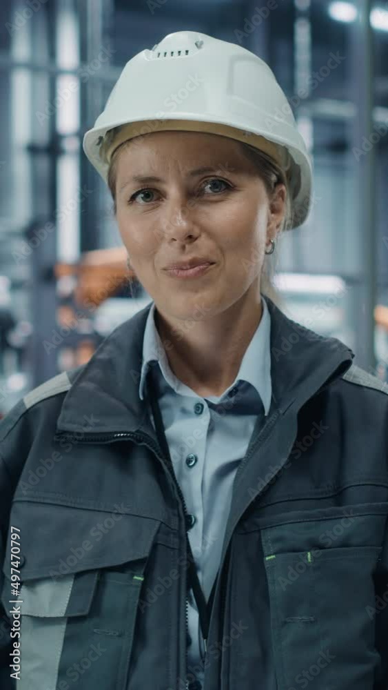 Vertical Screen. Car Factory Office: Portrait of Female Chief Engineer ...