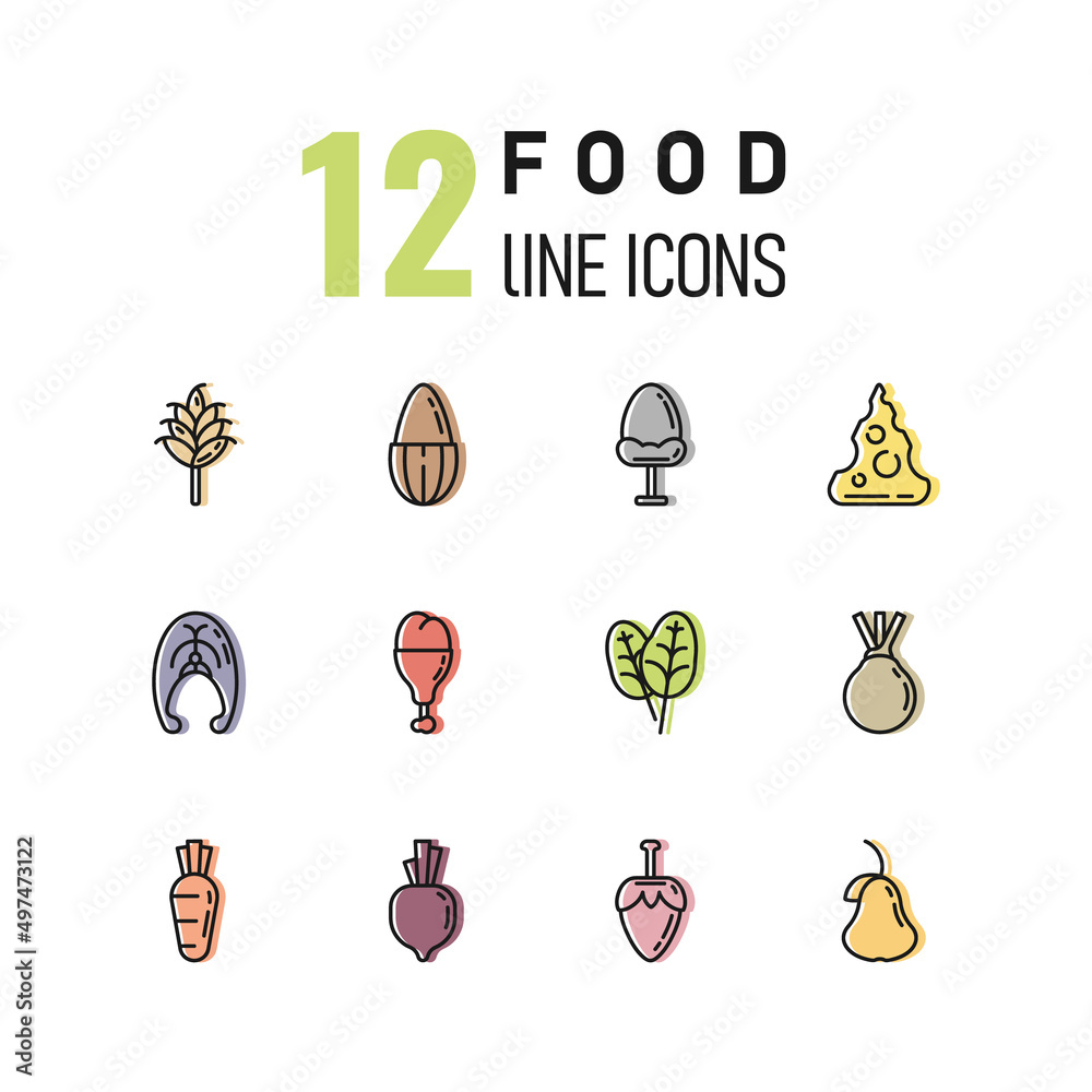 Set of 12 simple food line icons for mobile app about healthy food ...