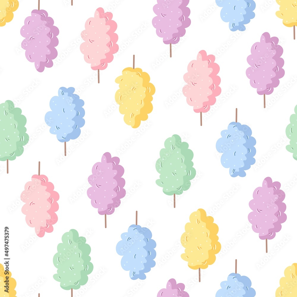 Fun cotton candy seamless vector pattern. Kawaii kids cartoon ...