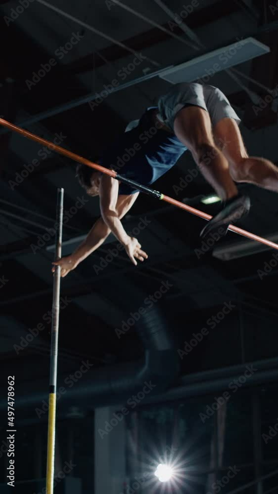 Vertical Video. Pole Vault Jumping: Professional Male Athlete Running ...