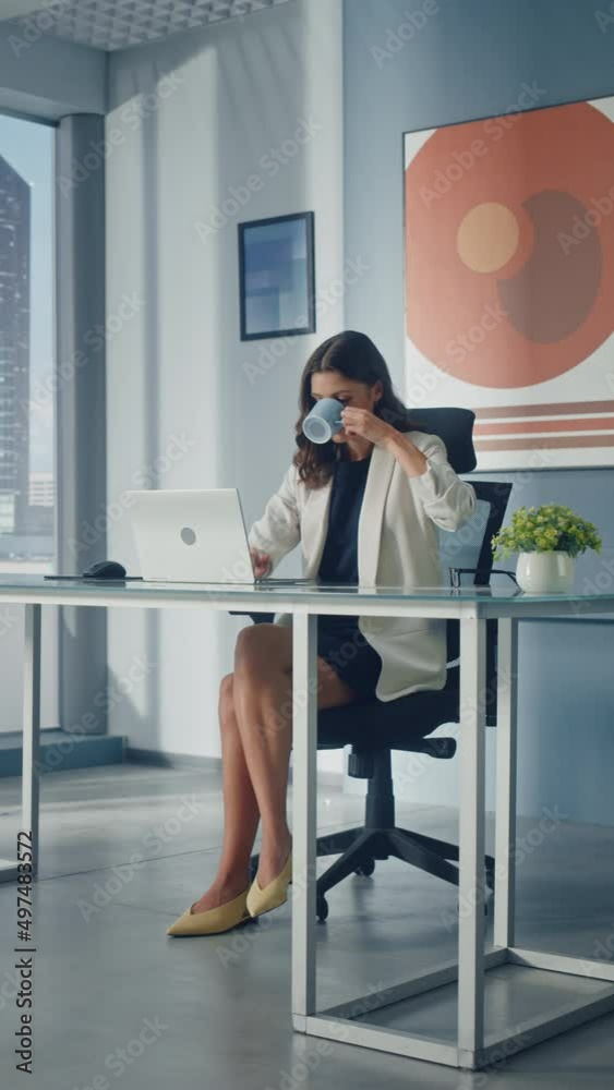Vertical Screen. Portrait of Successful Young Businesswoman Sitting at ...