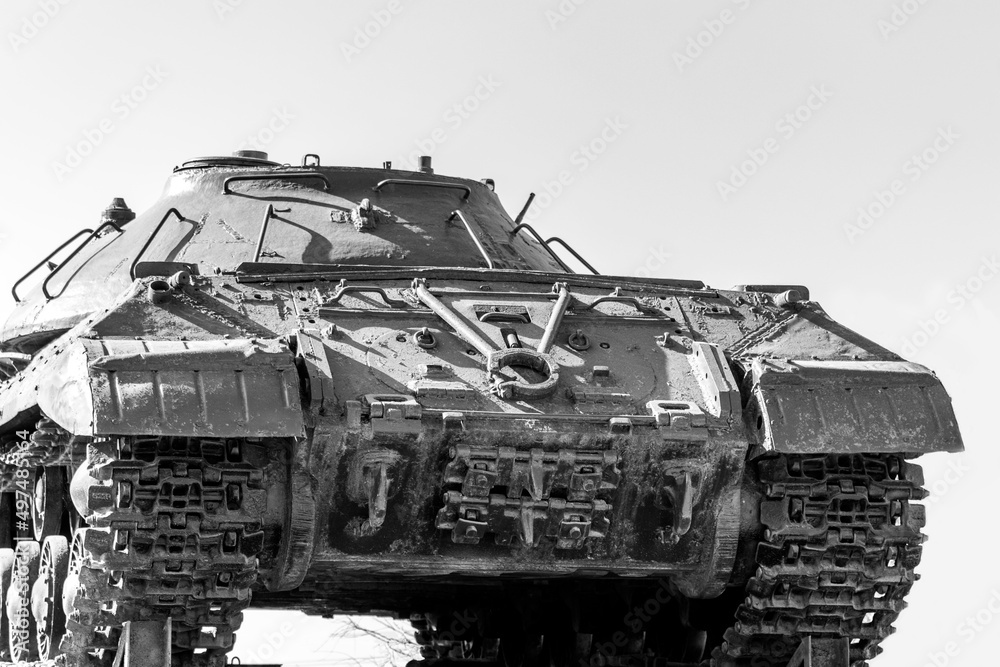 Russian tank of Second World War. Black and white. Bottom-up, rear view ...