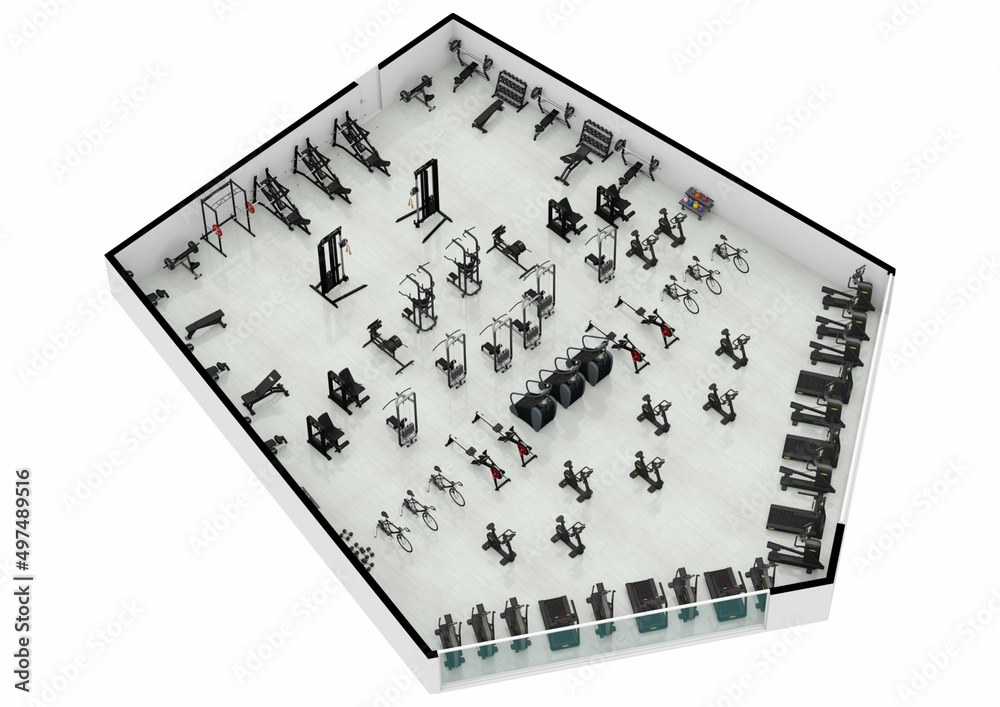 3D Floor plan of a gym, 3D illustration. Open concept gym layout. Floor ...