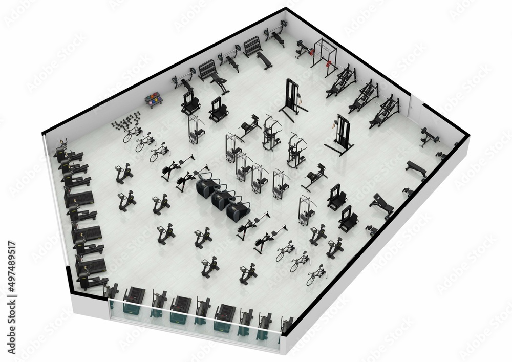 3D Floor plan of a gym, 3D illustration. Open concept gym layout. Floor ...