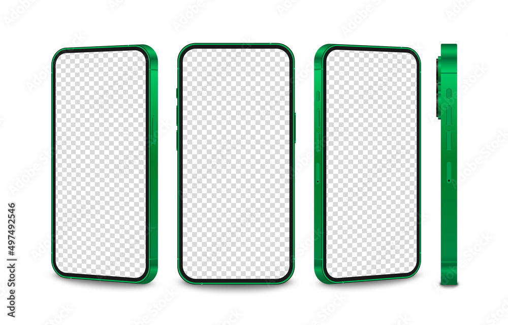 Vector set of phone mockups from different angles. Green phone mockup ...
