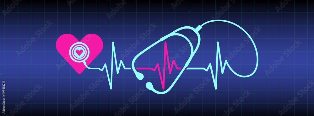 Abstract stethoscope design, pink heart, ekg line illustration ...