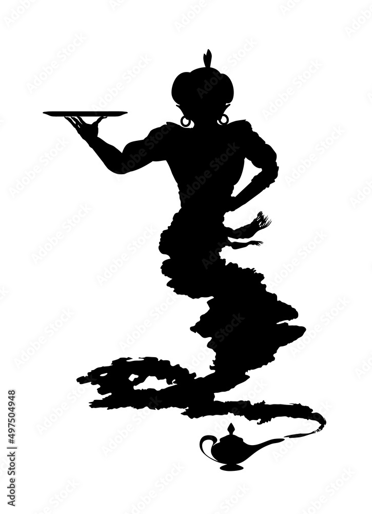 Silhouette waiter arabic genie, isolated. Jinn lamp character in ...