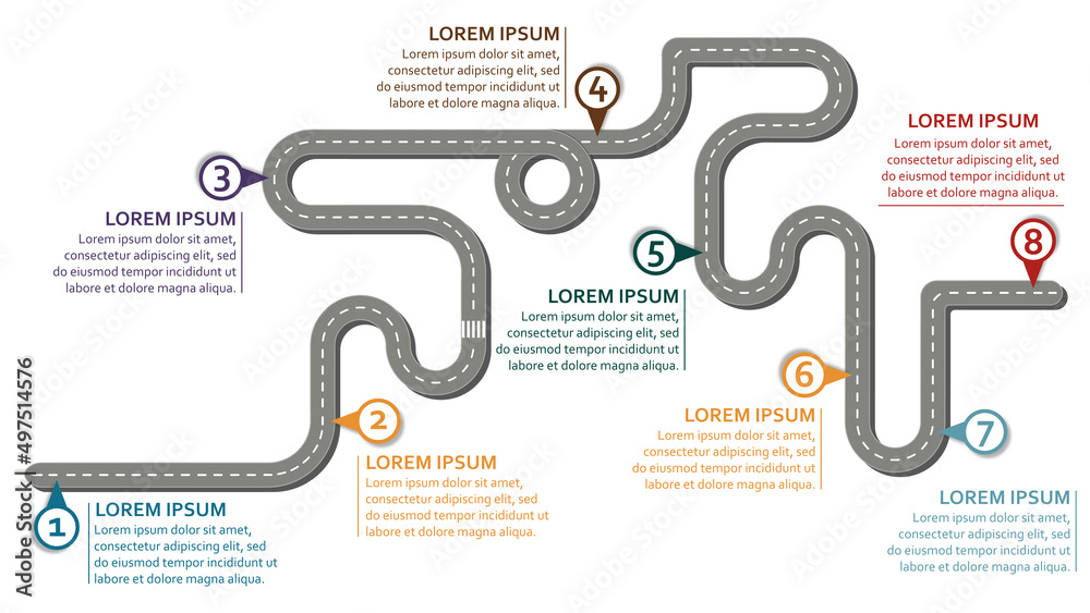 Business workflow roadmap, infographic flat lay style, in 16:9 wide, HD ...