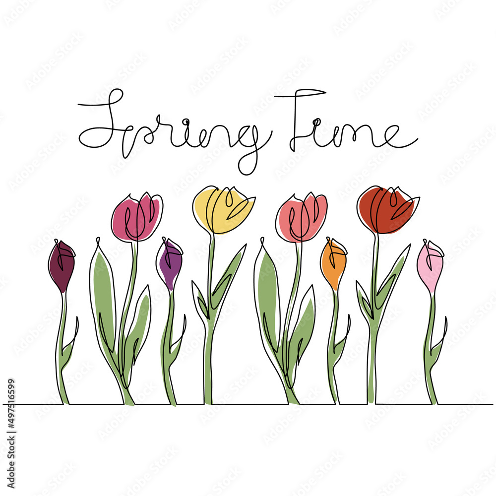 Spring time - beautiful tulip field in colors. Continuous one line ...