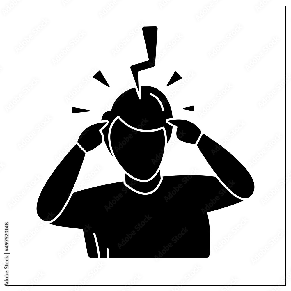 Headache glyph icon. Person avatar with big thunderclap strike ...
