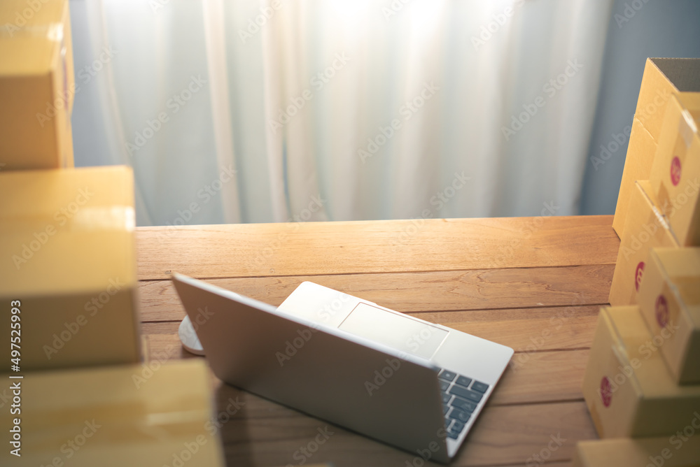 Shopping online concept packing parcel box. Small business owner ...