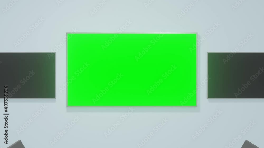 Empty green screen TV screen on wall of office. Camera movement to ...