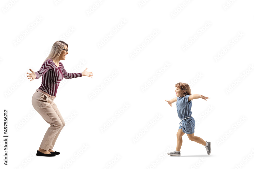 Full length profile shot of a child running towards mother Stock Photo ...