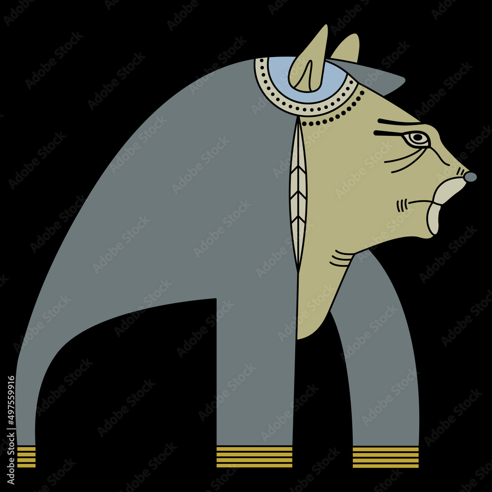 Goddess Tefnut. Ancient Egyptian mythology. Woman with lioness head. On ...