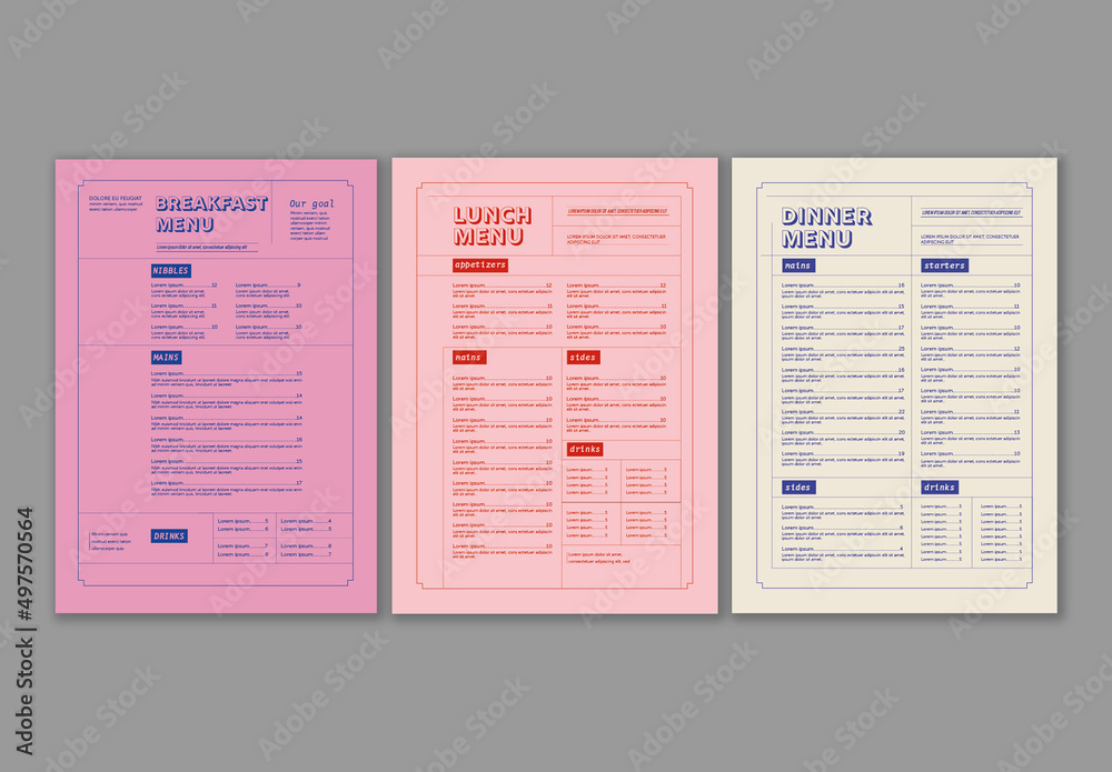 Menu Set Layout with Pink and Blue and Orange Accents Stock Template ...