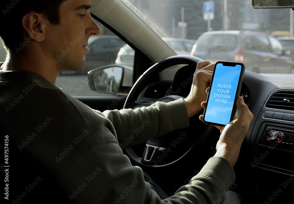 Man in the Car Watch on Phone Screen Mockup Stock Template | Adobe Stock