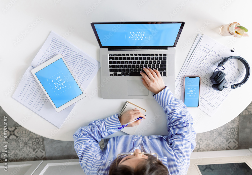 3 Devices Mockup Template Woman Works at Home Stock Template | Adobe Stock