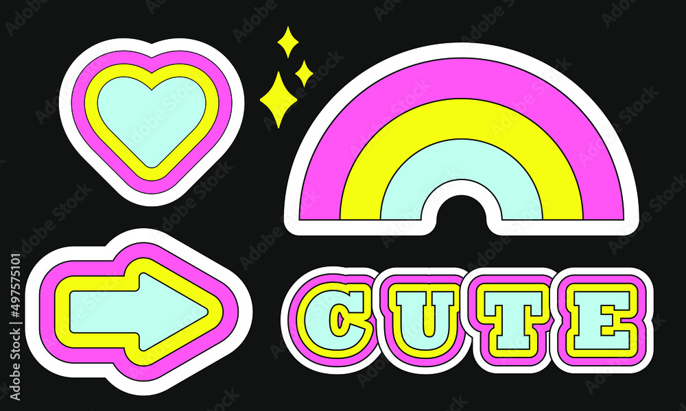 Trendy retro stickers vector illustration in cartoon style. Aesthetic ...