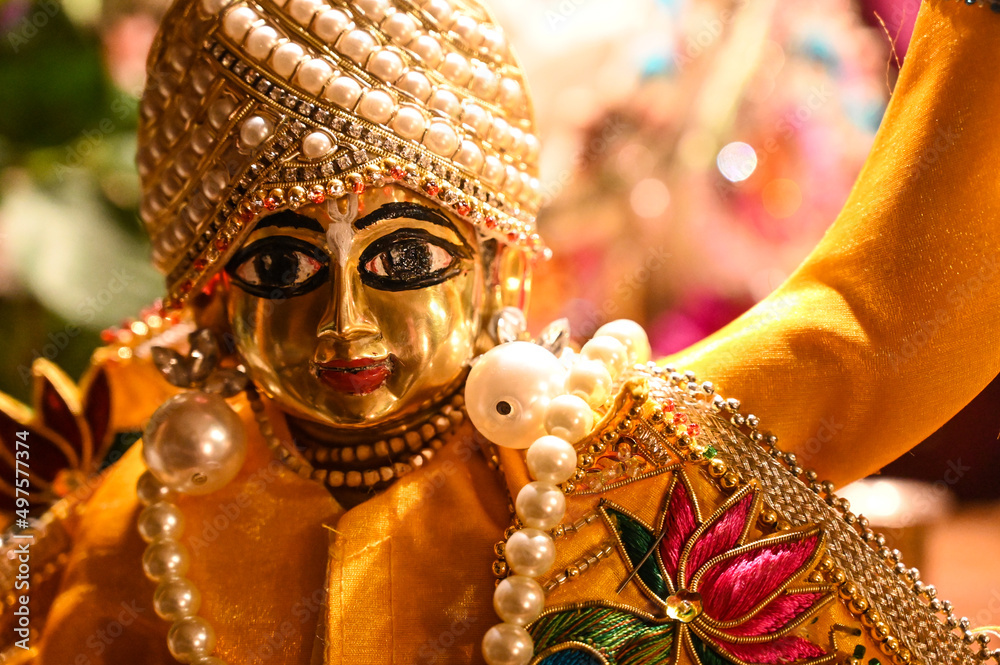Altar in the Hare Krishna temple, close up. Deities. Home altar for ...