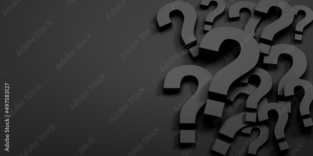 Pile of black question mark symbols on dark background - 3D ...