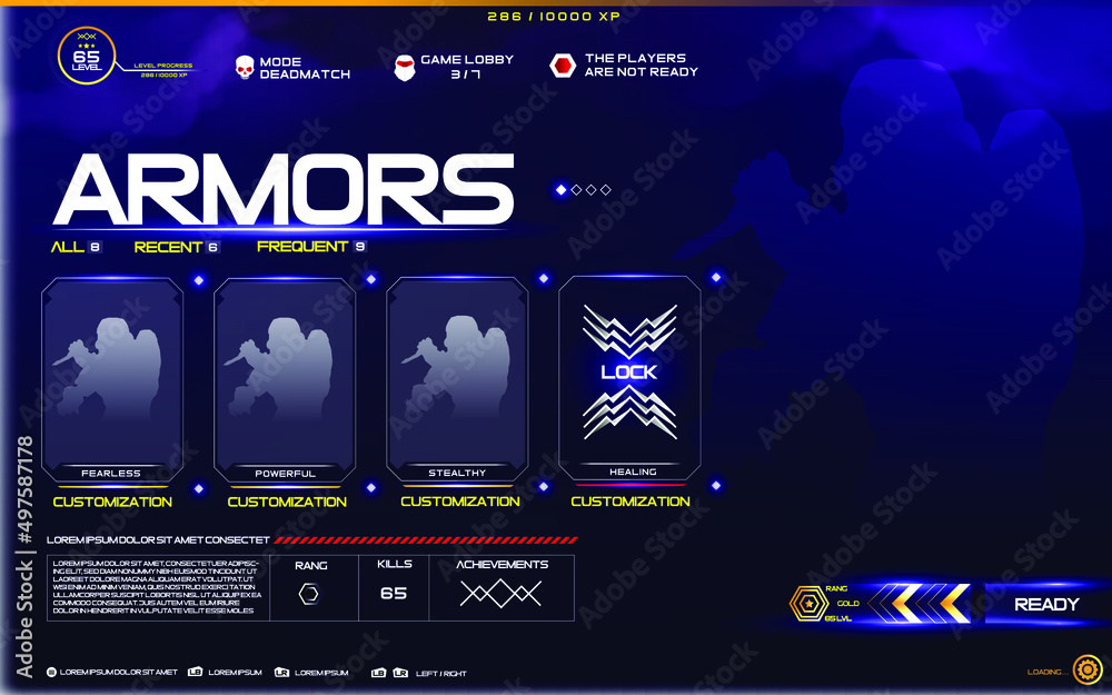 Online video game interface in a modern ski-fi cyberpunk style screen ...