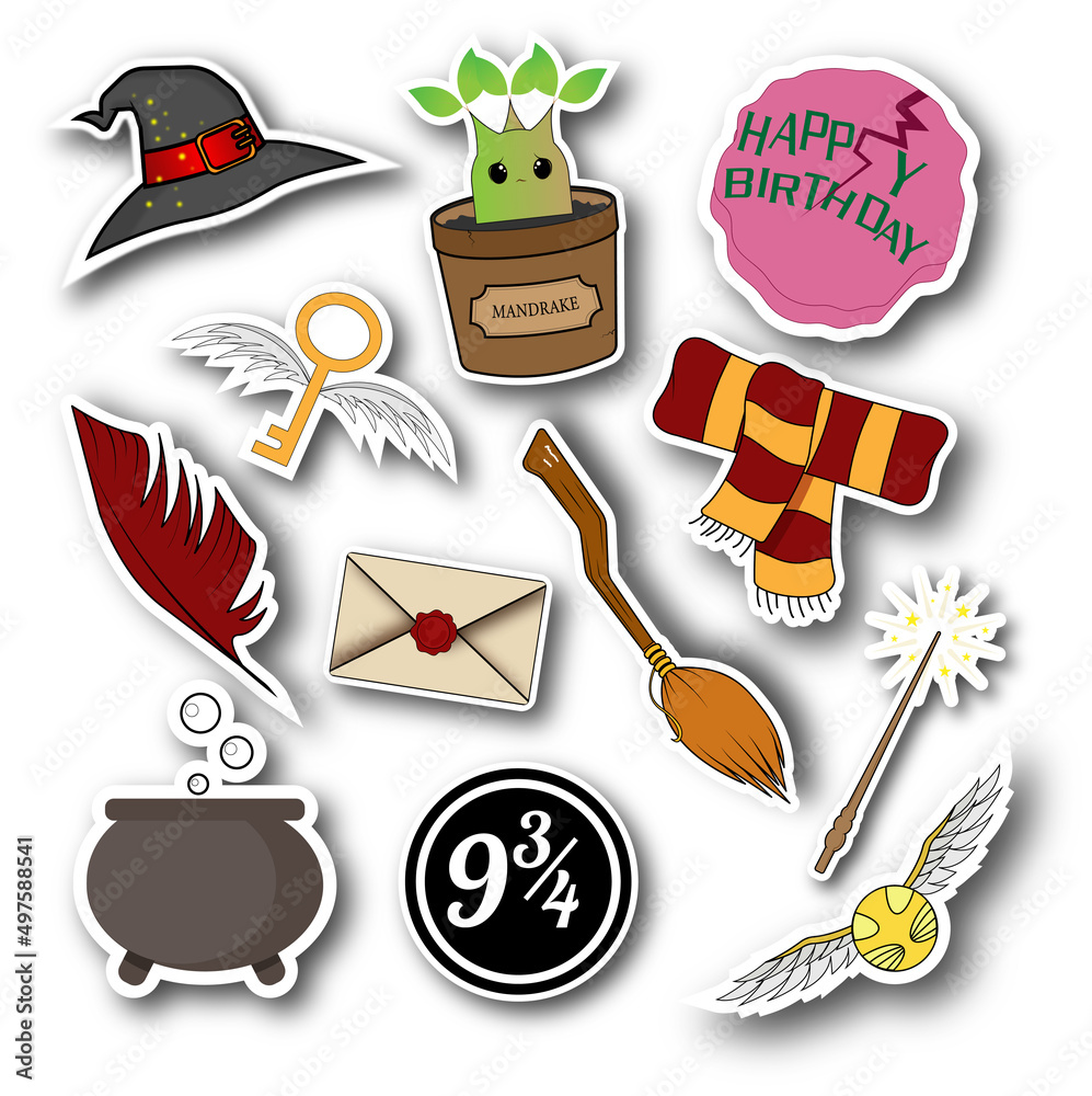 Harry Potter stickers. Stickers from the movie Harry Potter. Broom, hat ...