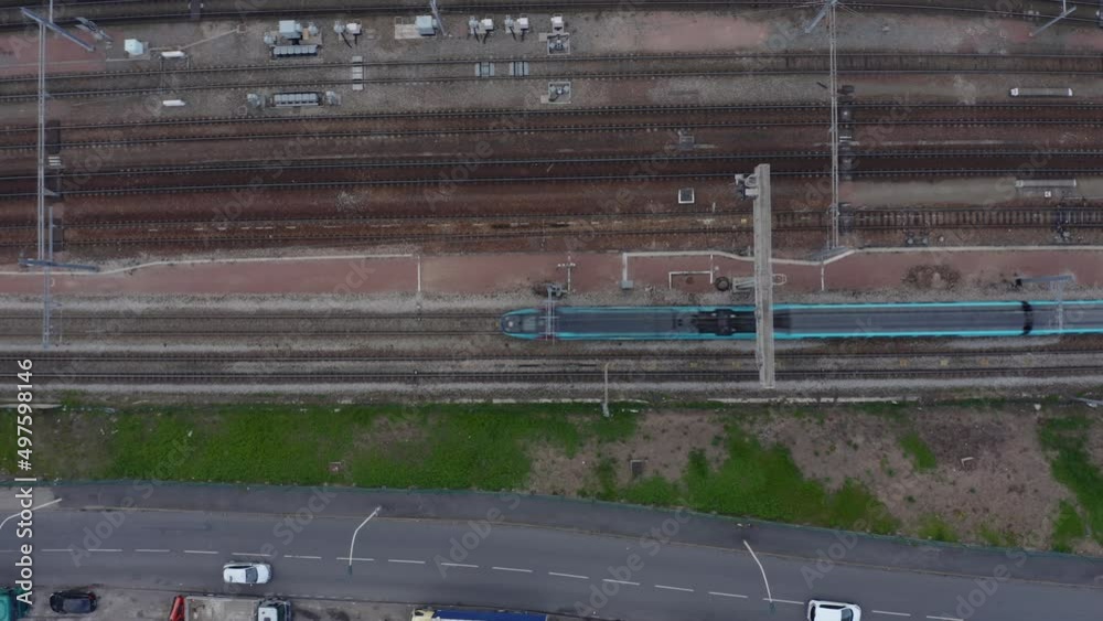 Railroad, aerial view from above. highspeed train aerial top down view ...