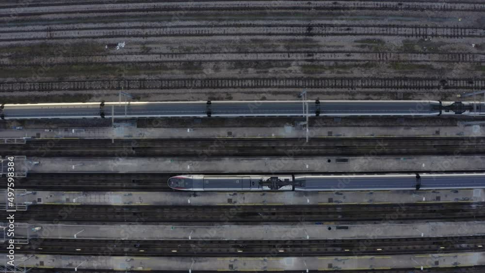 Railroad, aerial view from above. highspeed train aerial top down view ...