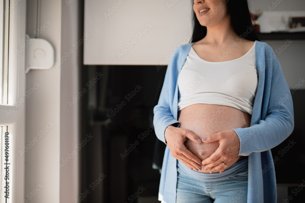 Caucasian pregnant adult woman stands next to the bright window and ...