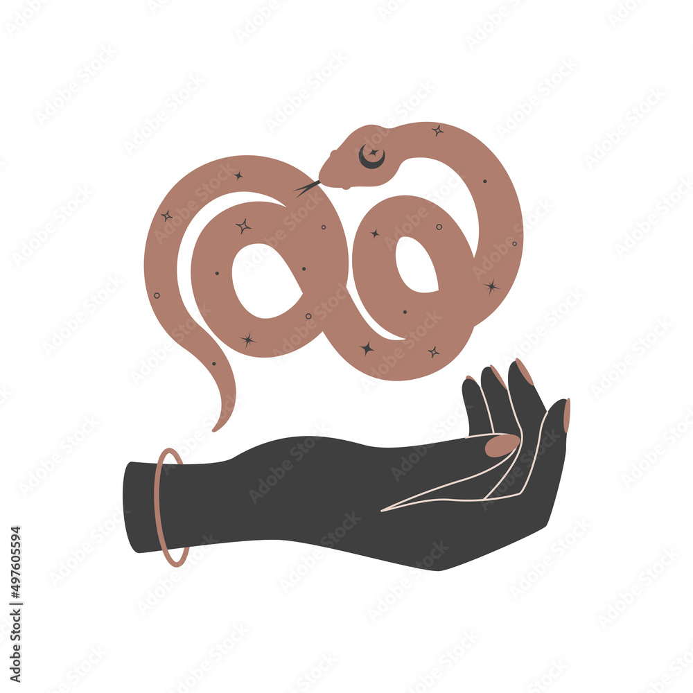 Magical hands with celestial snake. Spiritual tribal serpent for ...