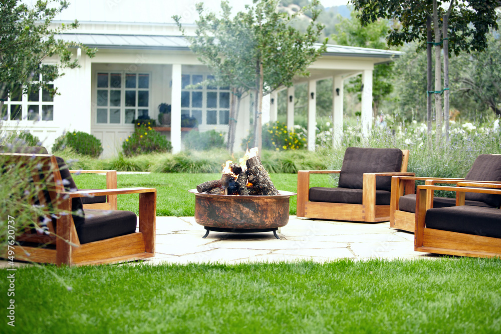 Architecture image of outdoor resort lounge fire pit in courtyard Stock ...