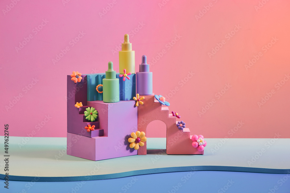 Dropper bottles with flowers and various geometric shapes in pastel ...