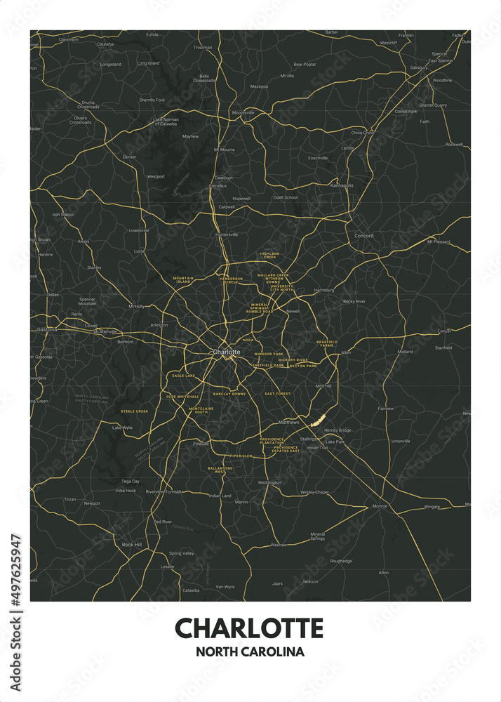 Poster Charlotte - North Carolina map. Road map. Illustration of ...