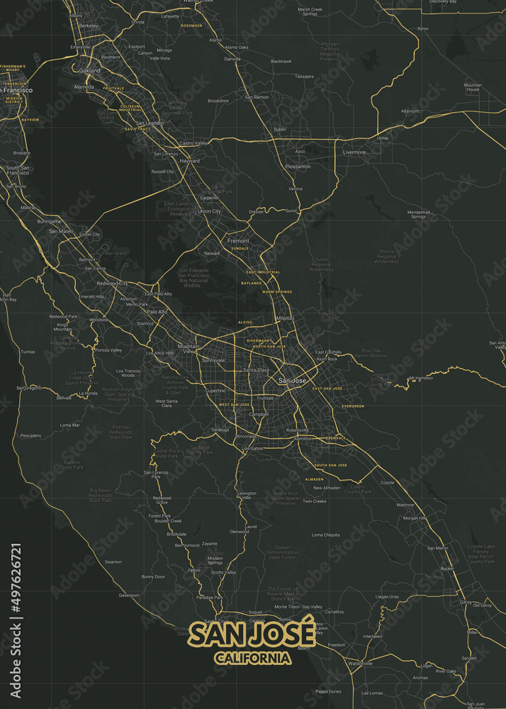 Poster San José - California map. Road map. Illustration of San José ...