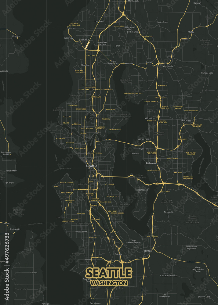 Poster Seattle - Washington map. Road map. Illustration of Seattle ...