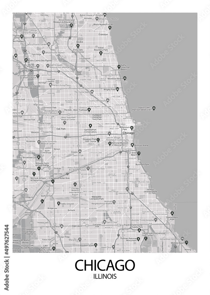 Poster Chicago - Illinois map. Road map. Illustration of Chicago ...