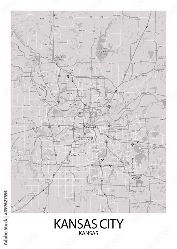 Poster Kansas City - Kansas map. Road map. Illustration of Kansas City ...