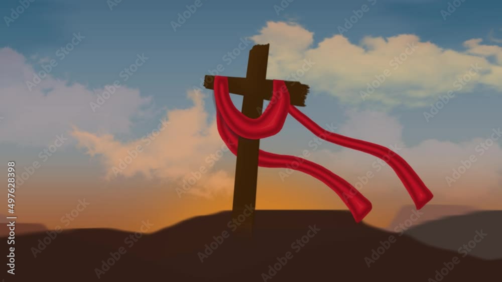 Vidéo Stock Cross with red fabric swinging, in the background sky with ...