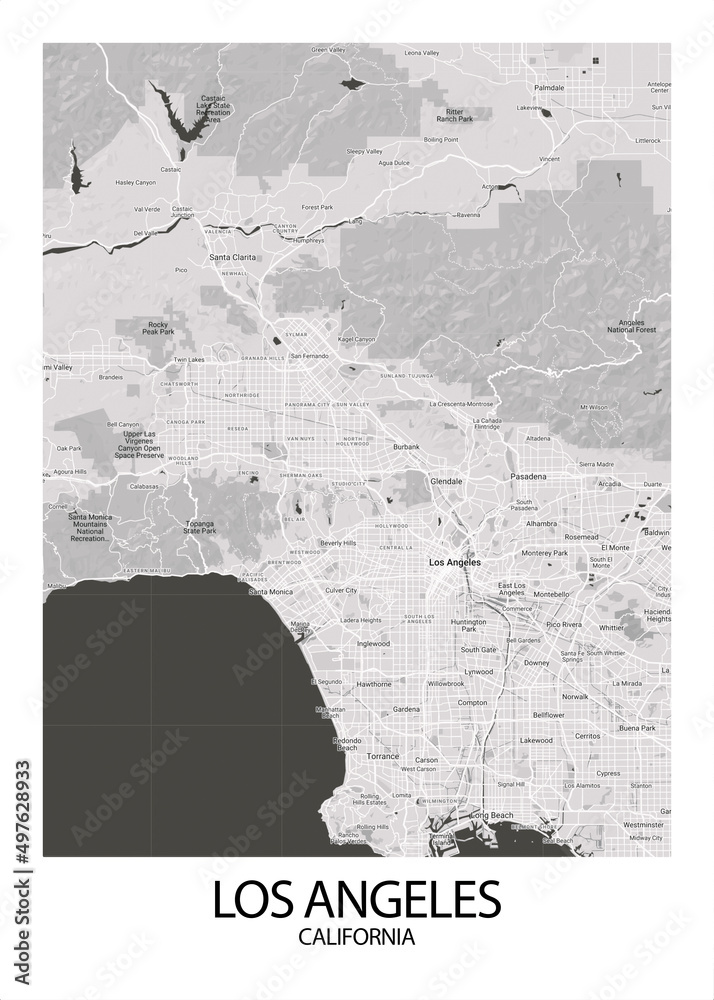 Poster Los Angeles - California map. Road map. Illustration of Los ...