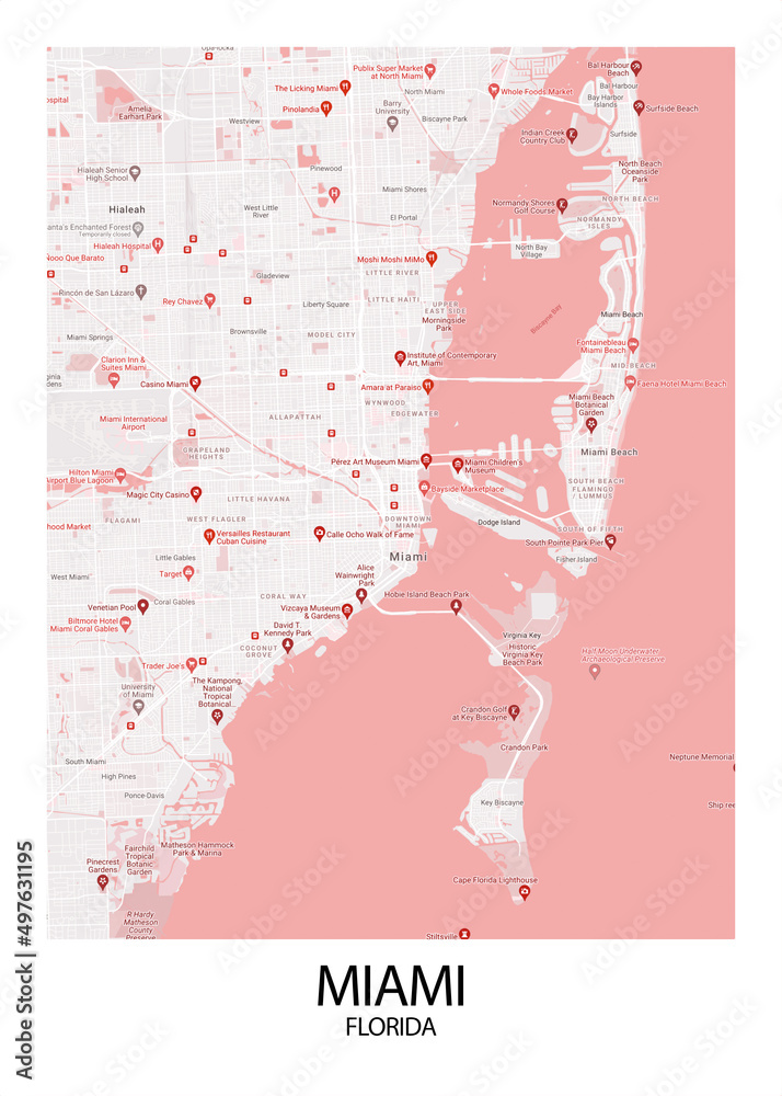 Poster Miami - Florida map. Road map. Illustration of Miami - Florida ...