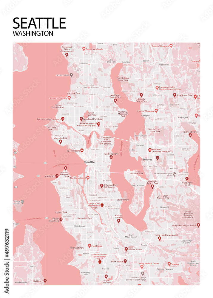 Poster Seattle - Washington map. Road map. Illustration of Seattle ...