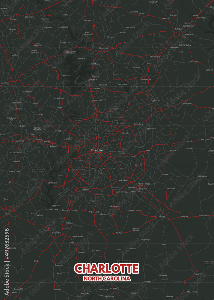 Poster Charlotte - North Carolina map. Road map. Illustration of ...