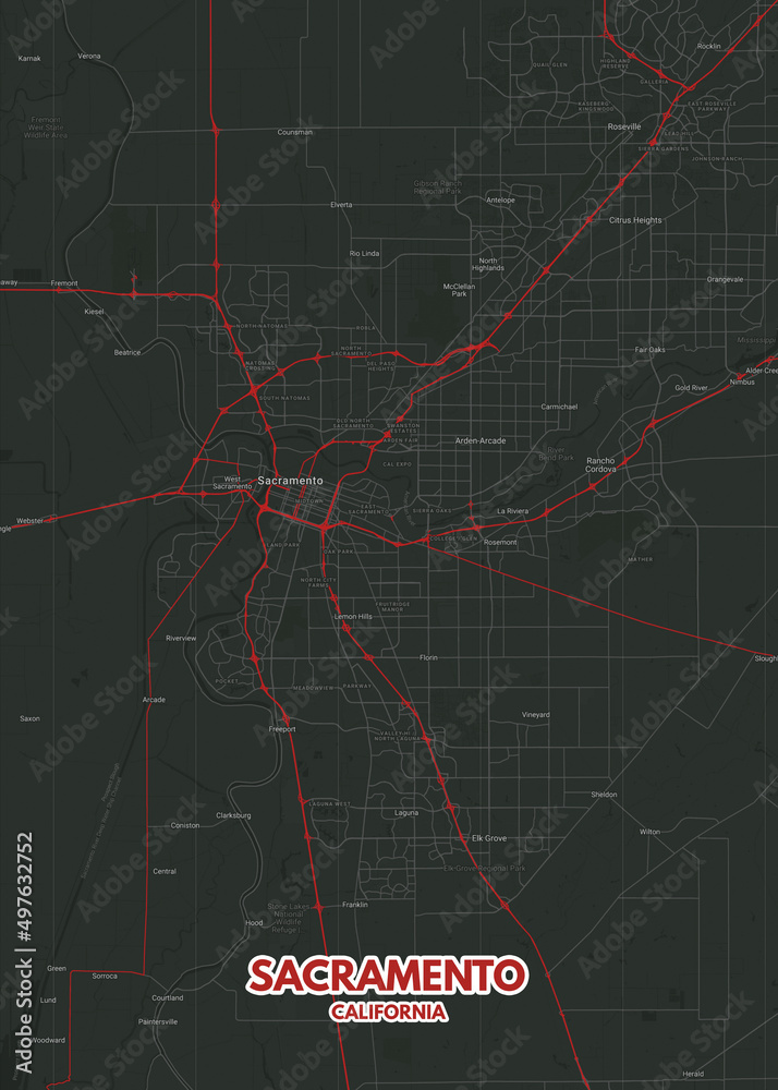Poster Sacramento - California map. Road map. Illustration of ...